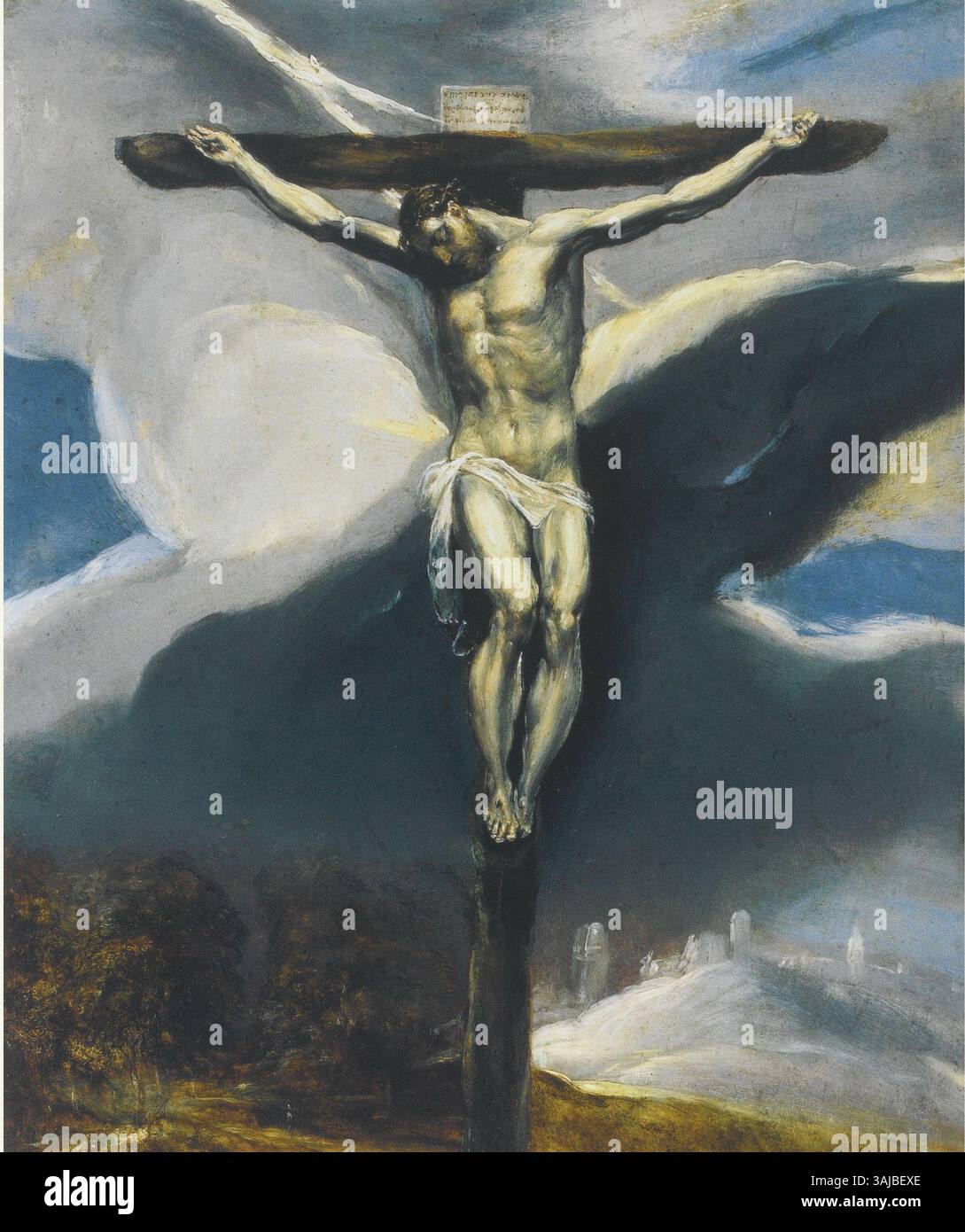 A painting by El Greco titled 'Christ on the Cross in a Landscape ...