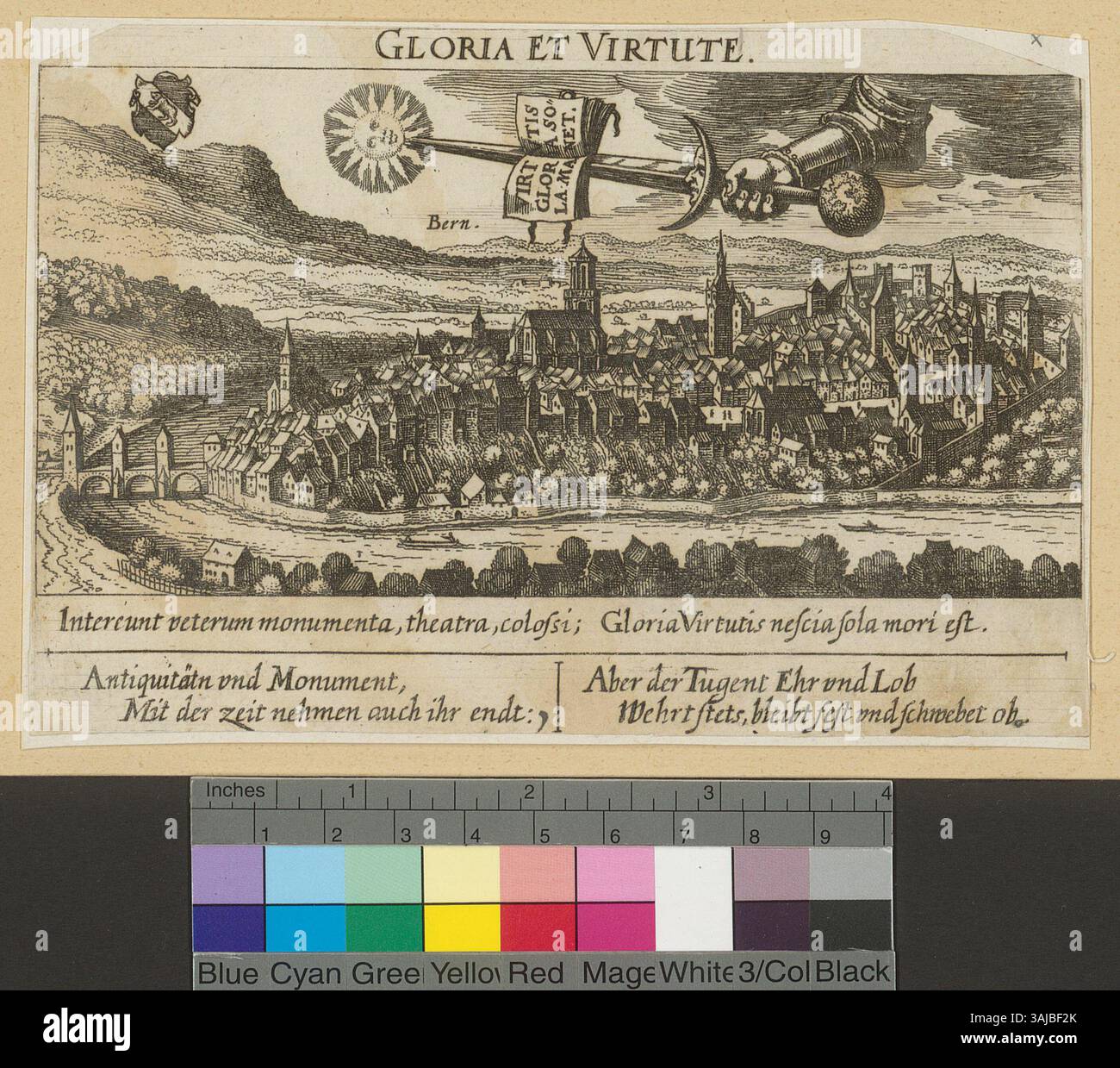 Engraving of Bern, Switzerland, circa 1626, depicting a divine hand ...