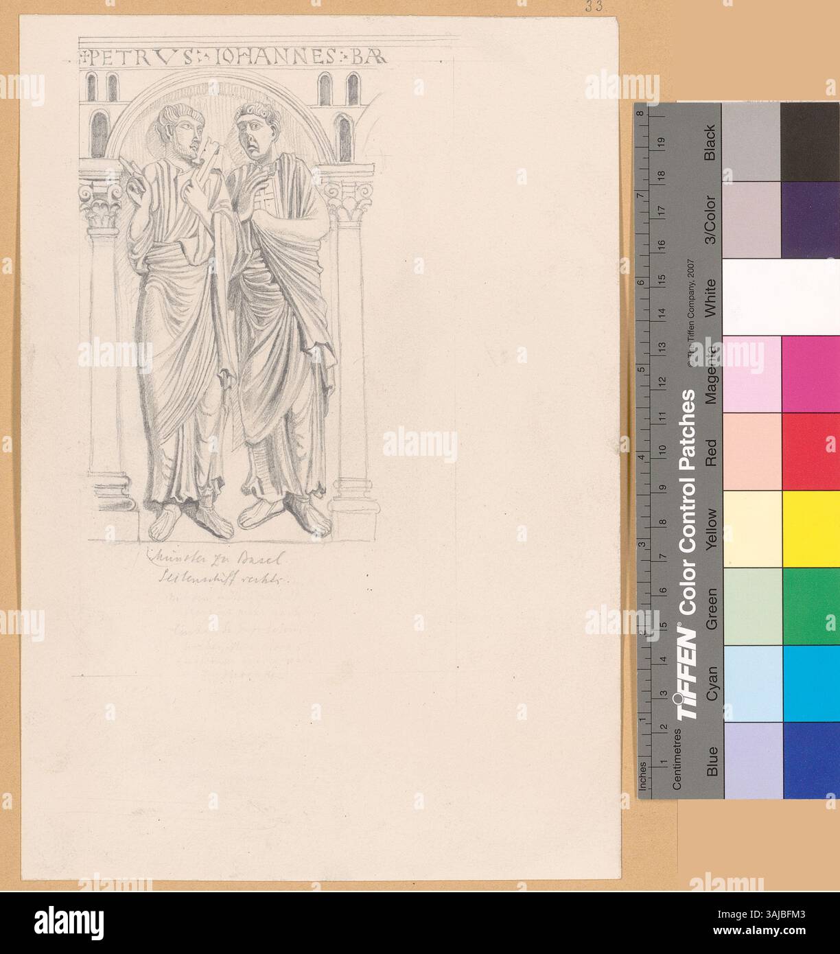 This 1872 drawing by Johann Rudolf Rahn depicts a section of the right aisle of Basel Minster ...