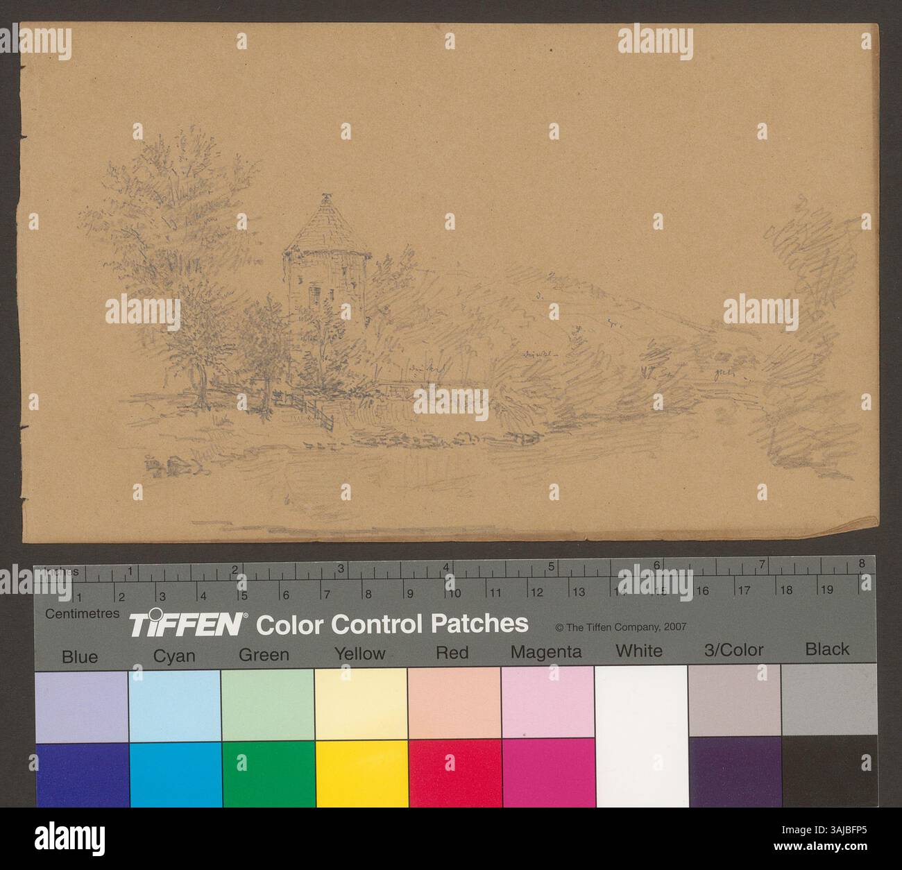 This piece presents a landscape with a tower, depicting a natural scene ...