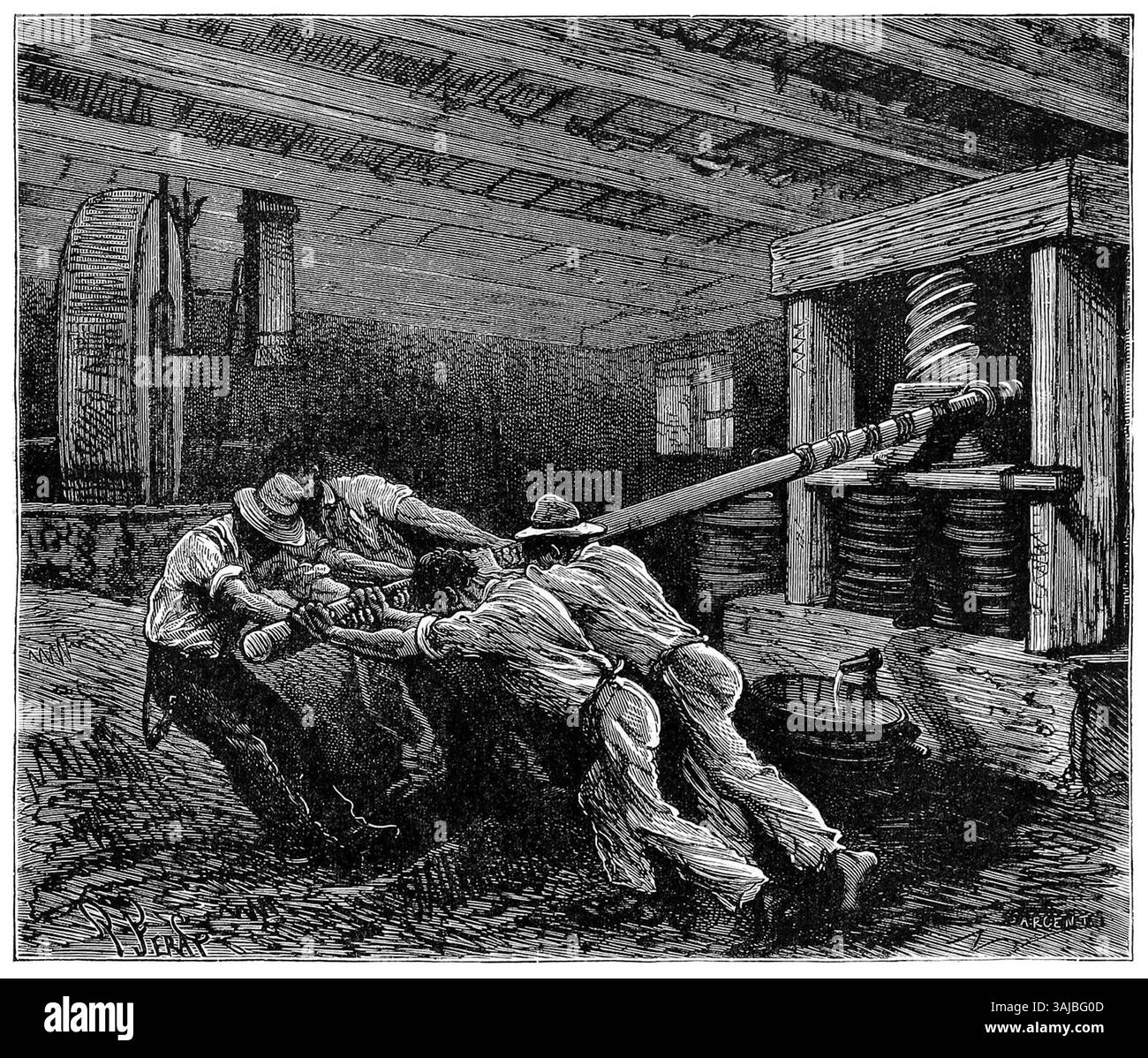 Louis Figuier's 1877 engraving depicts an olive oil press in southern ...