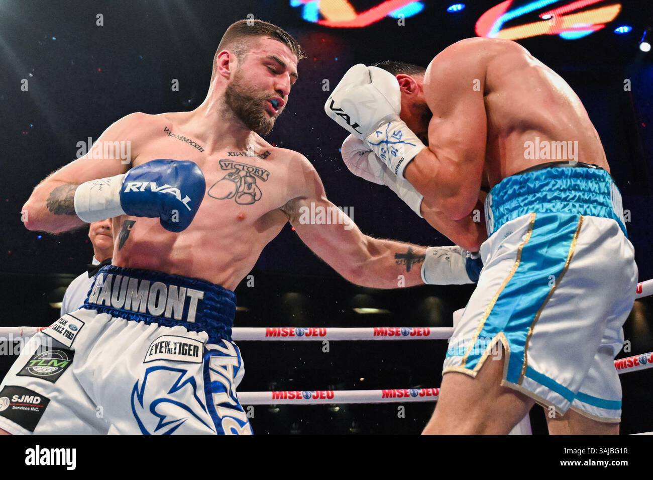 Montreal, Canada. 10th Apr, 2025. Alexandre Gaumont, left, lands a body ...