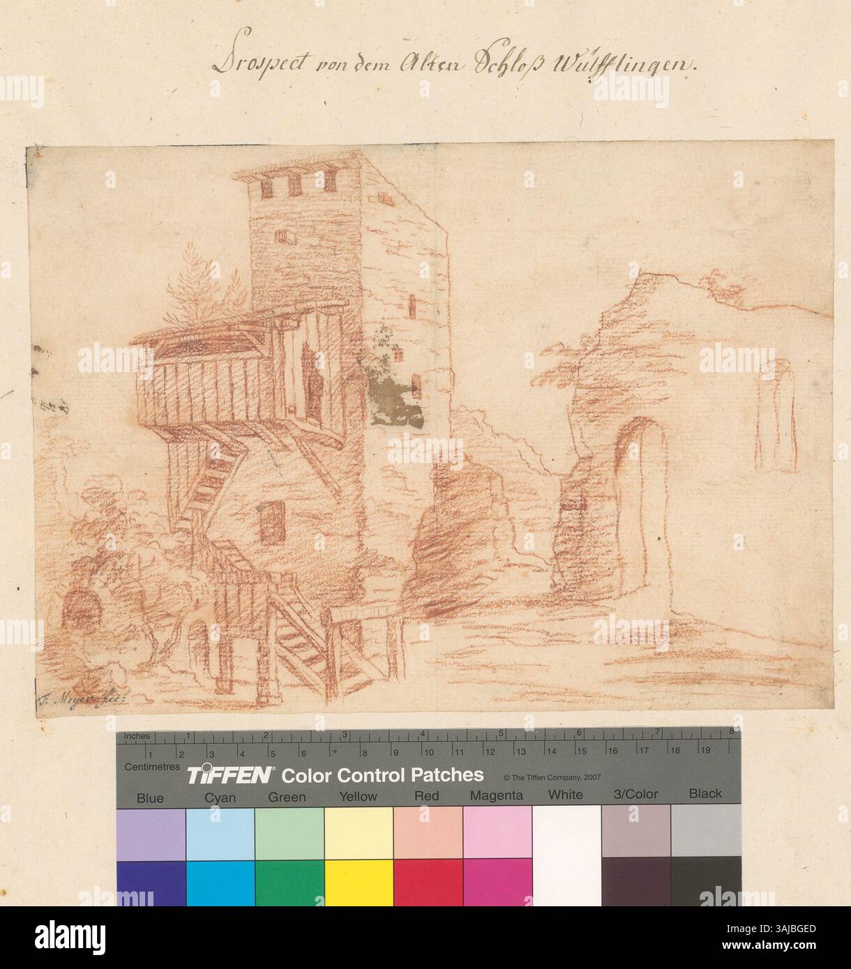 A drawing titled 'Prospect von dem Alten Schloss Wülfflingen', created ...
