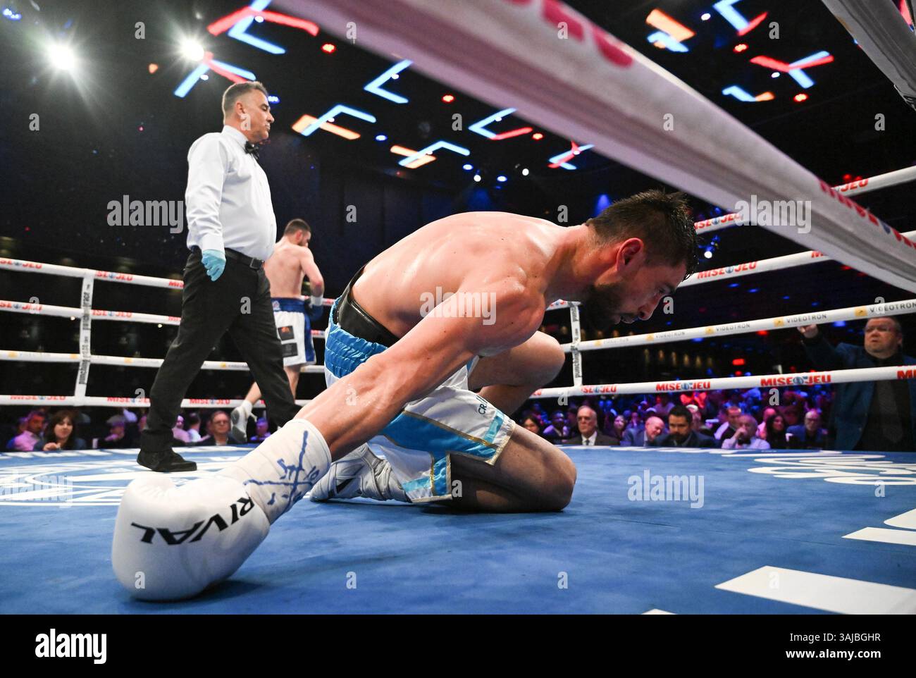 Montreal, Canada. 10th Apr, 2025. Mathis Lourenco is knocked down by ...