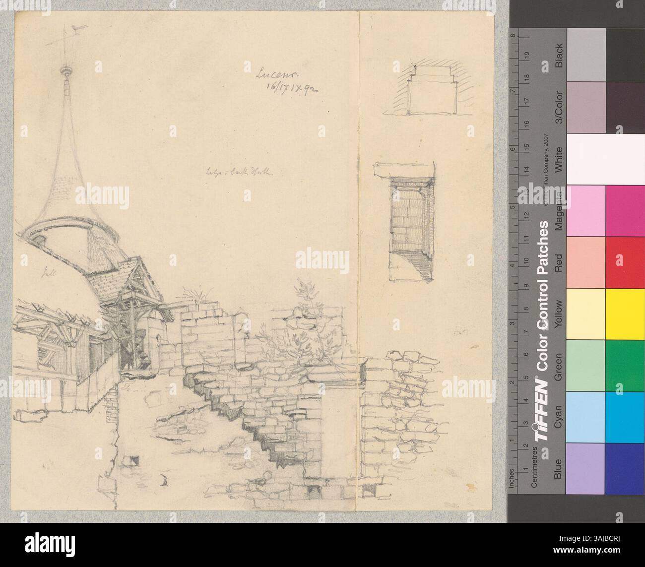 This drawing shows the outer wall and tower of Lucens Castle ...