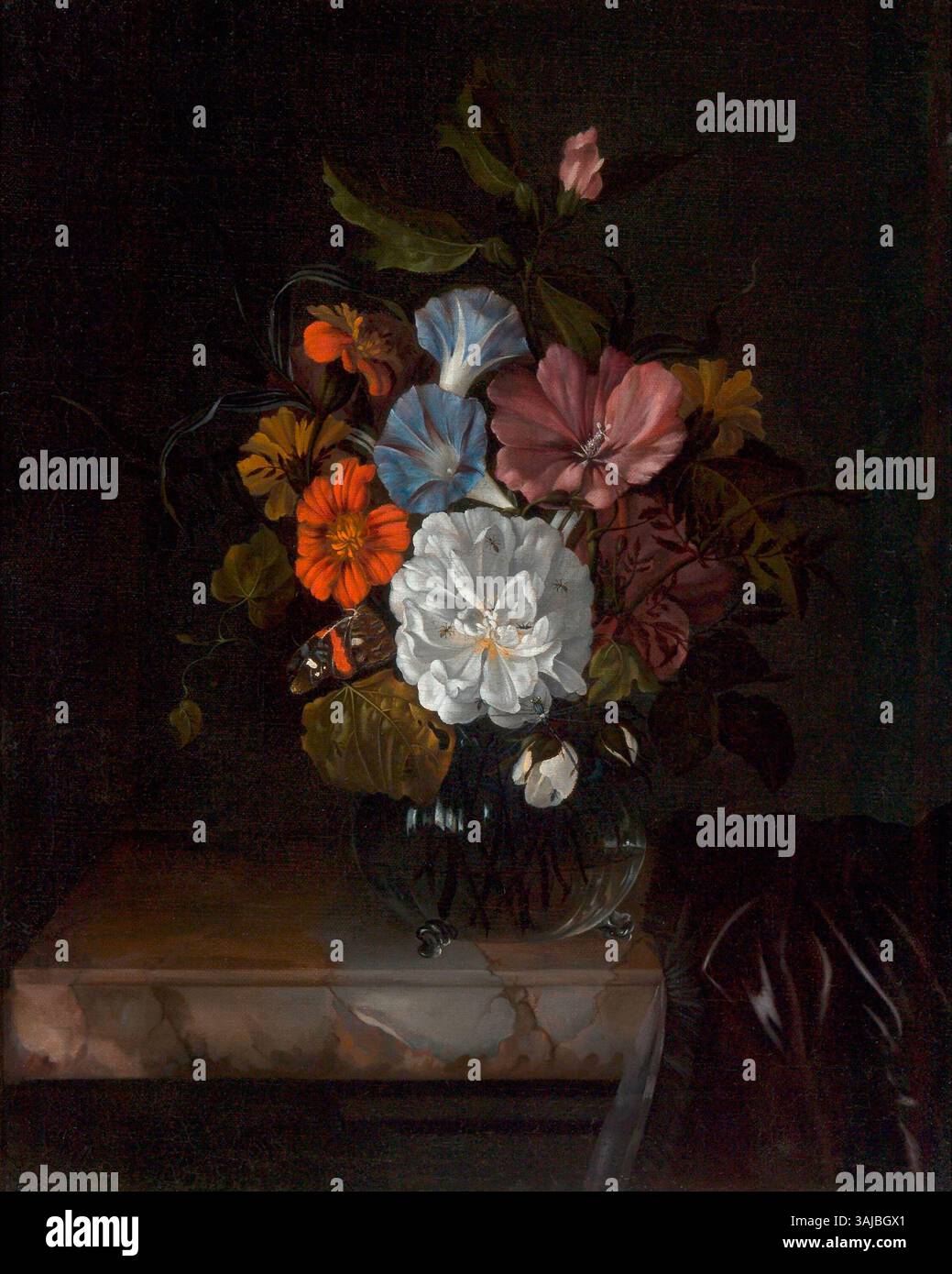 A circa 1685 oil painting by Anna Ruysch, showing a detailed still life ...