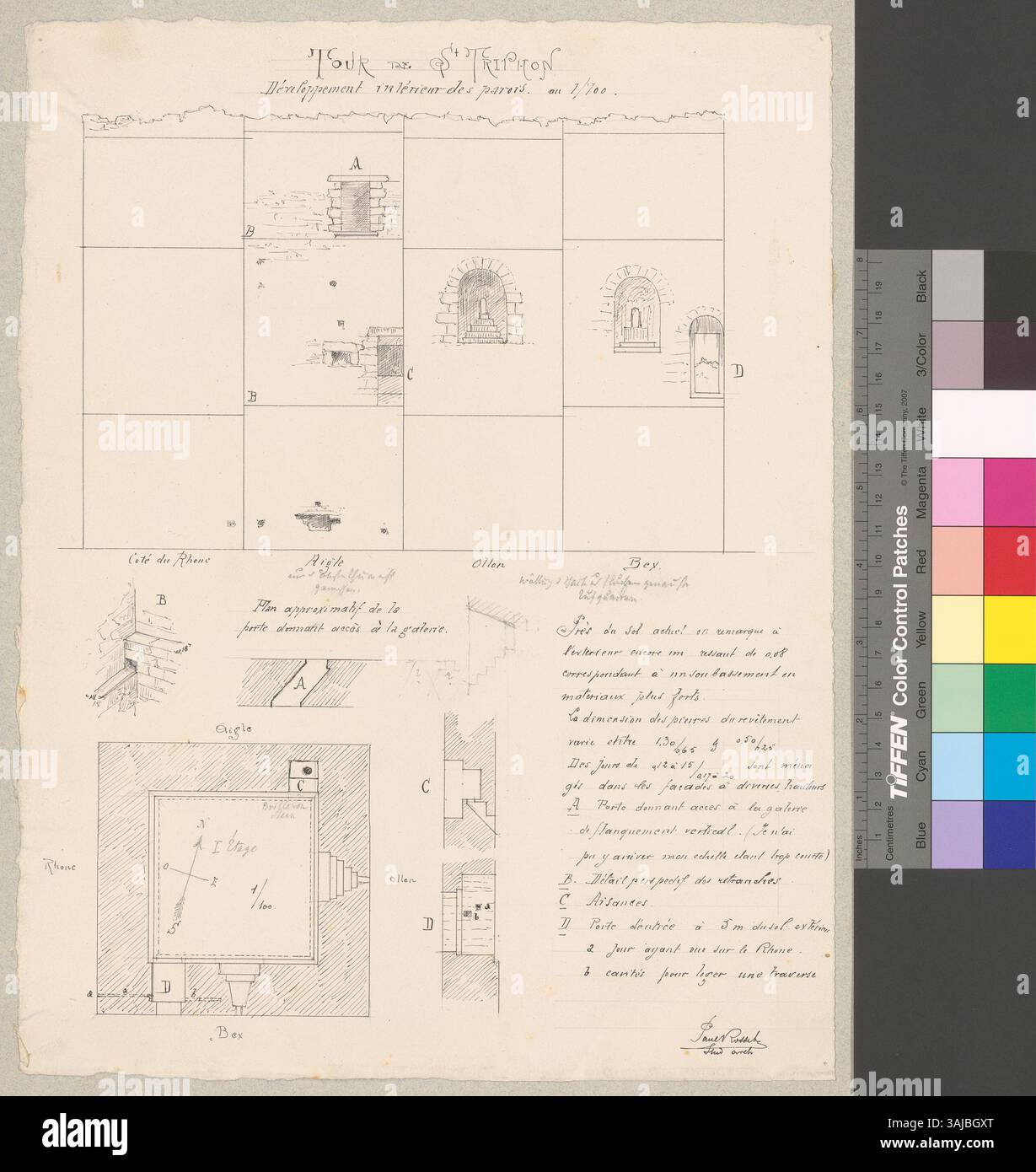 This image depicts the floor plan, four side views, and detailed ...