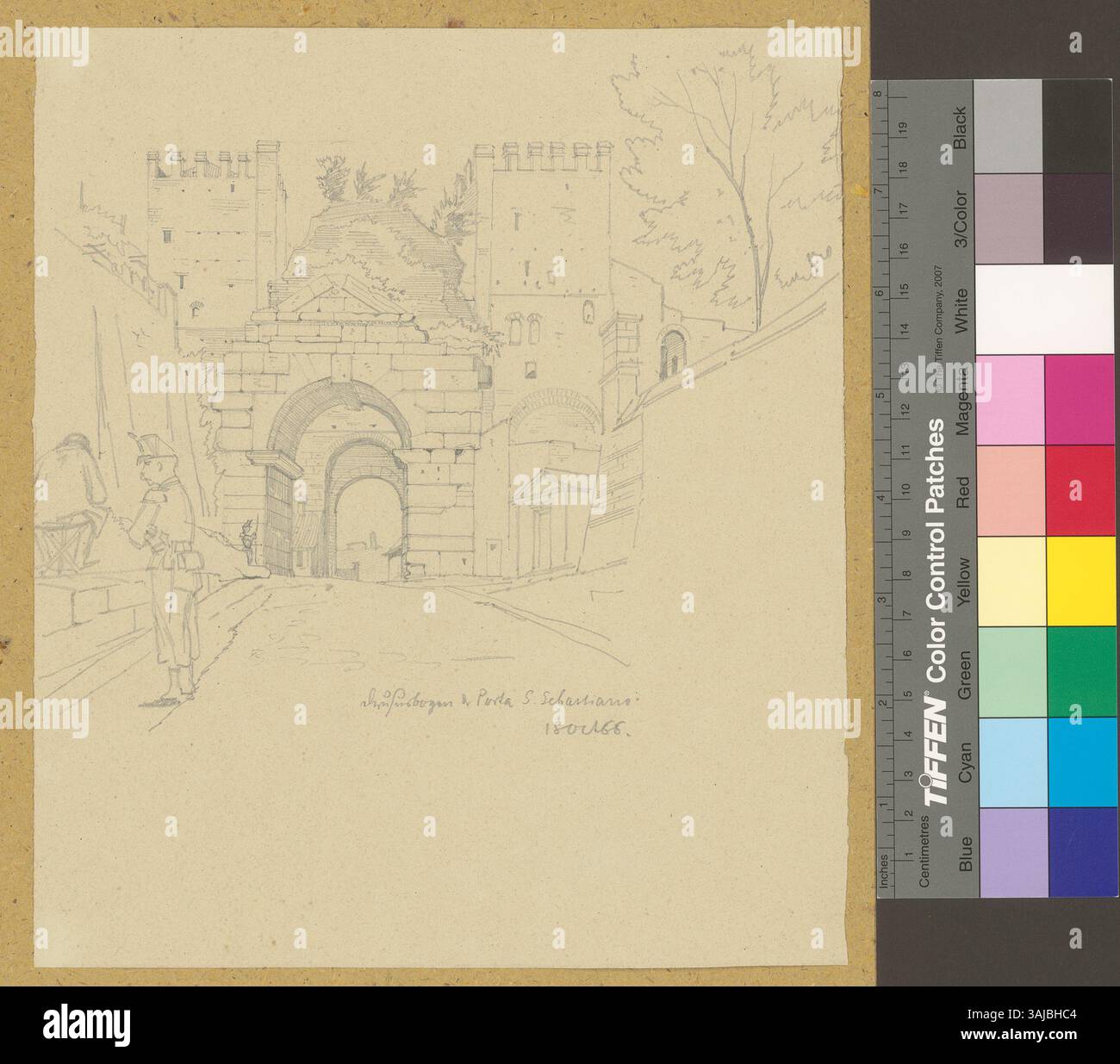 The image features the Drusus Arch at Porta S. Sebastiano in Rome, as ...