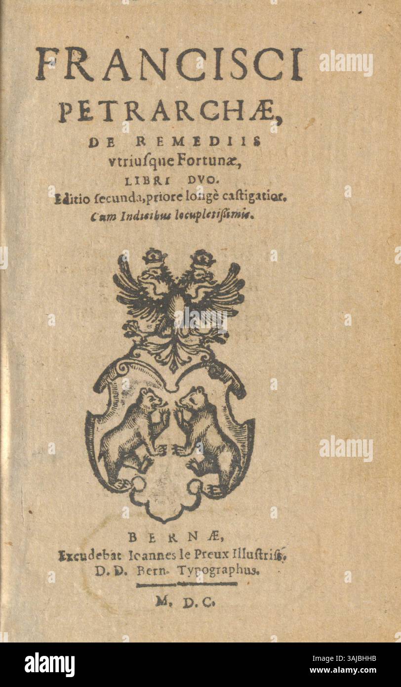 The title page of Francesco Petrarca's 'De Remediis' from 1600 ...