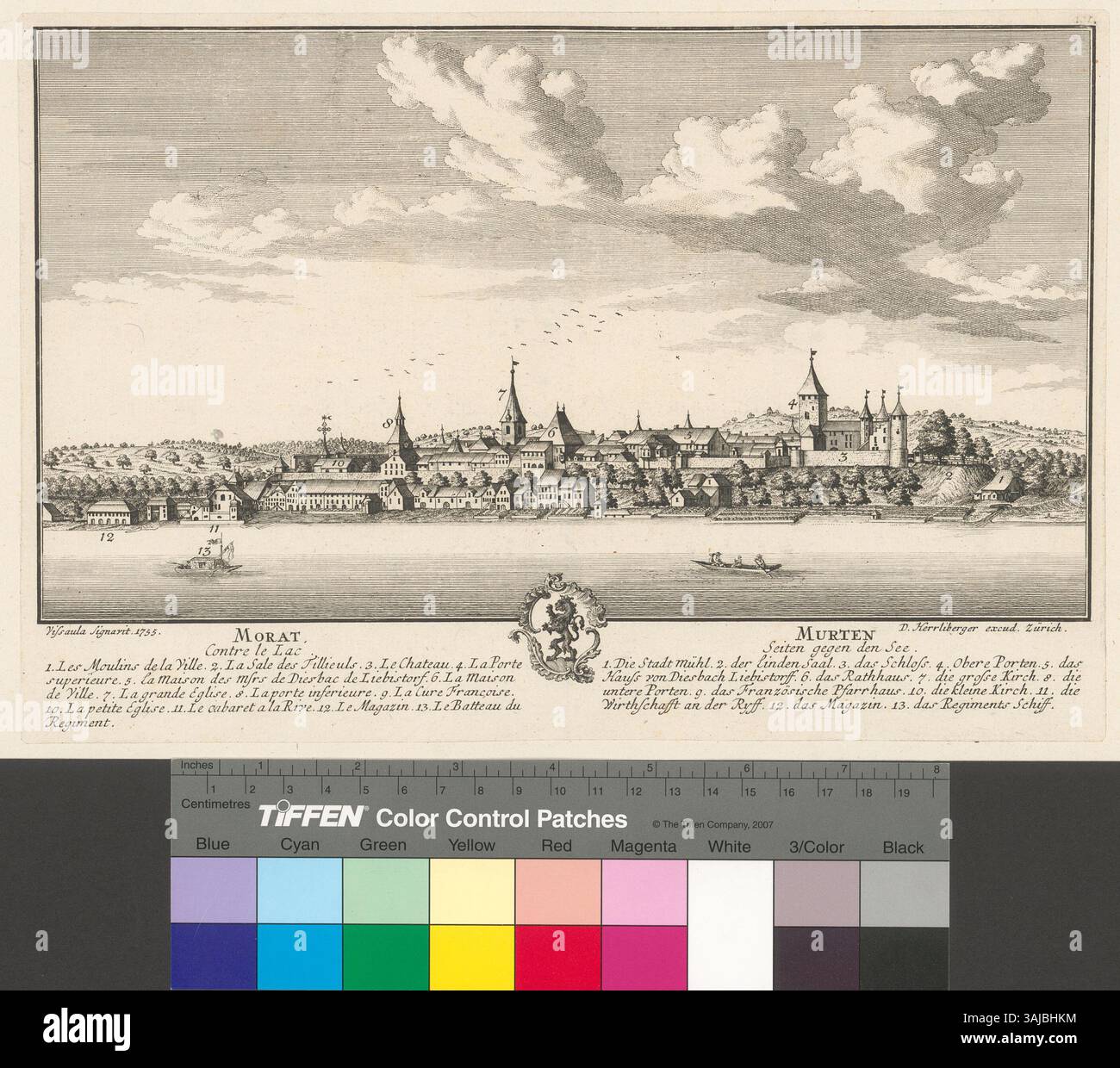 This 1756 etching presents a view of Morat, focusing on its position ...