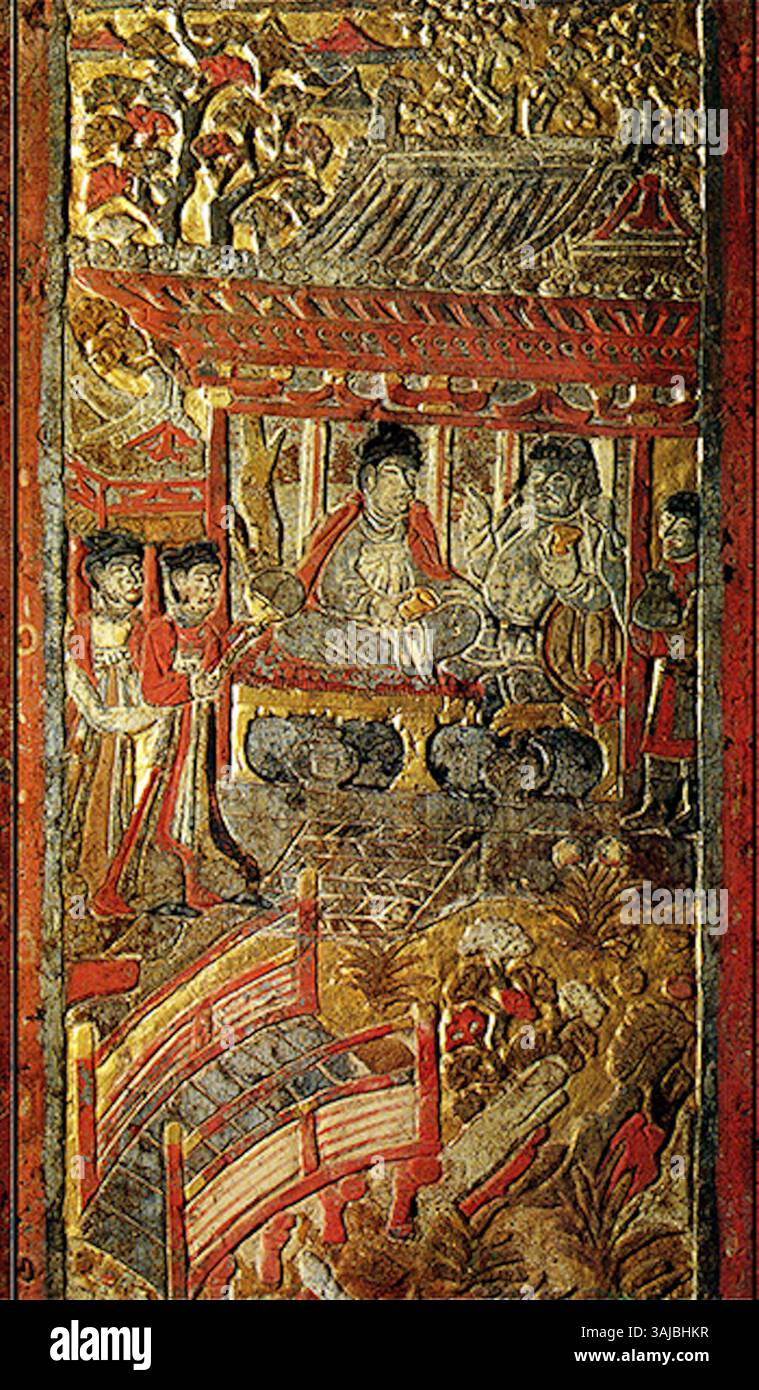 A scene from the Tomb of An Jia, located in Shaanxi, China, depicting a Chinese pavilion. The ...