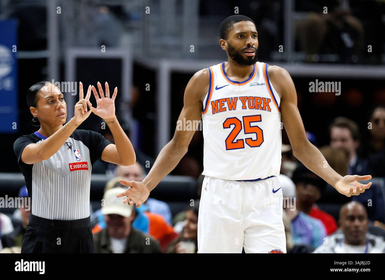 New York Knicks forward Mikal Bridges (25) reacts after being called ...