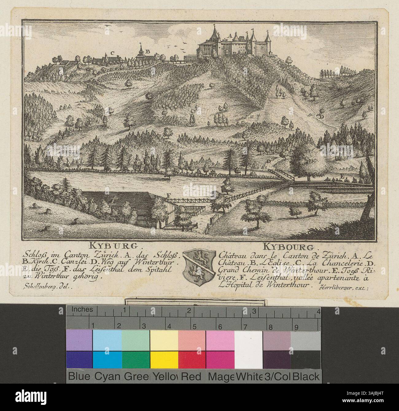 This 1756 etching illustrates the Kyburg Castle, a historical fortress ...