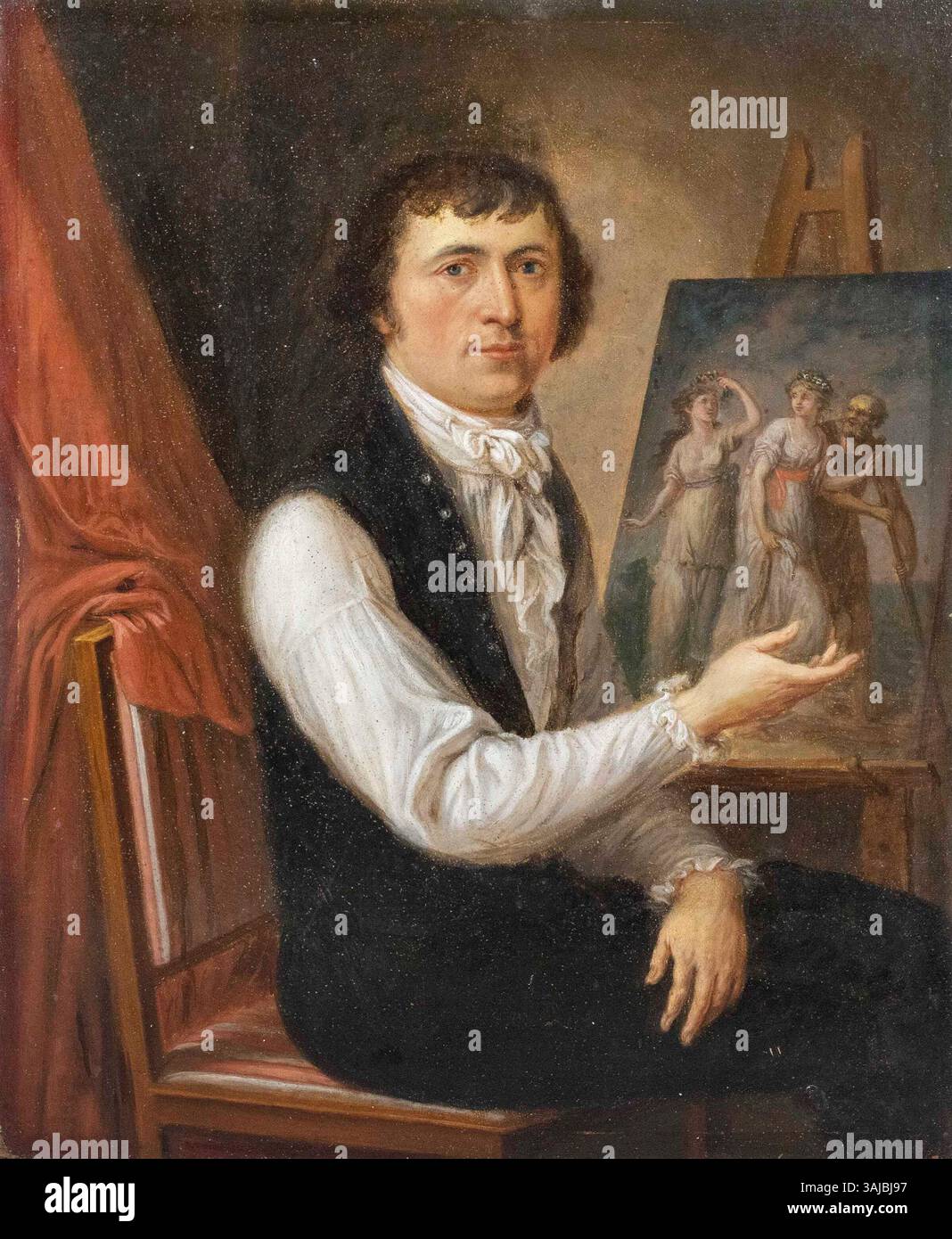 A portrait of a young artist in his studio, sitting before an easel ...