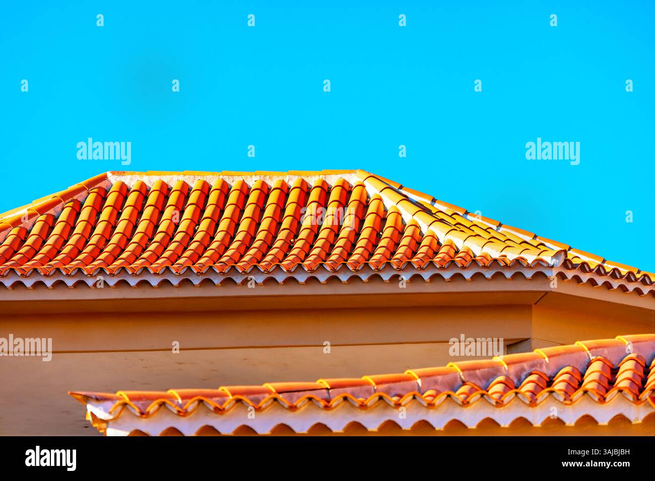 Terracotta roof tiles with a scalloped edge crown a building under a ...