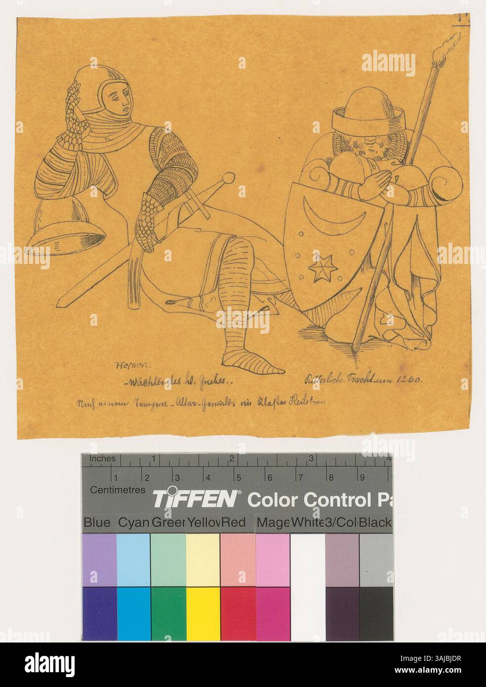 This image shows the knightly attire from around 1260, depicting the ...