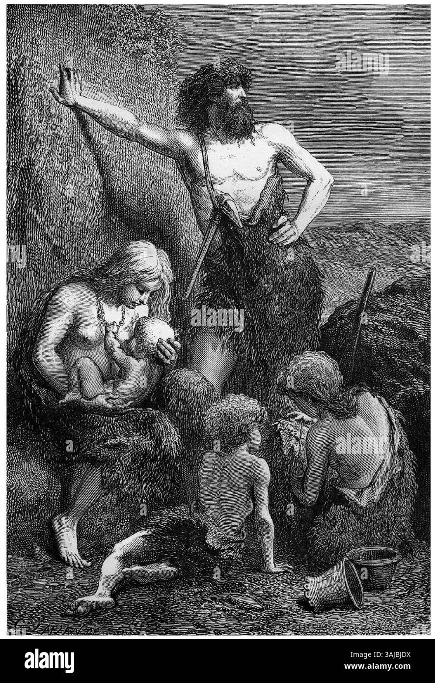 Émile Bayard's engraving, 'Une famille à l'âge du renne', depicts a ...