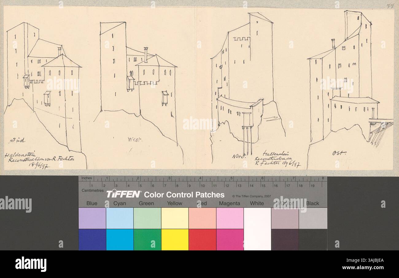 This image shows four exterior views of the Haldenstein castle ruin in ...