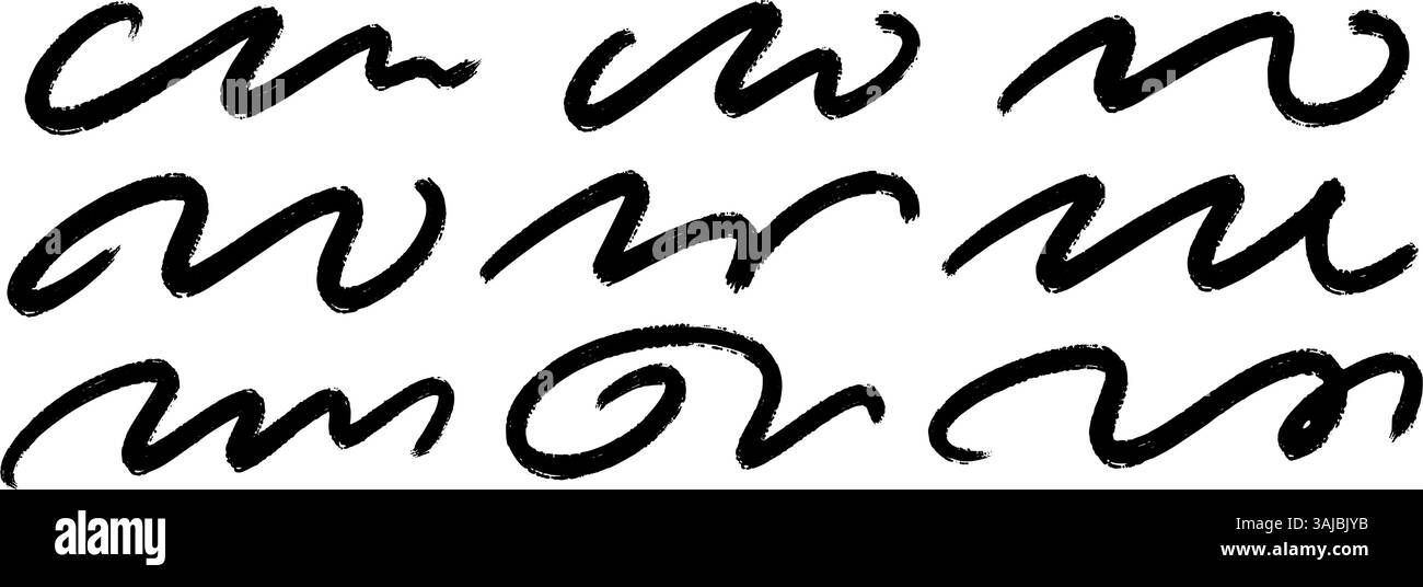 Black wave paint line set. Squiggle sketch brush stroke collection ...