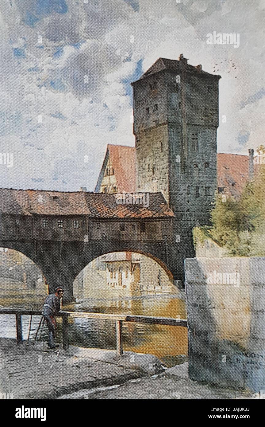A painting by Oscar Keen depicting the bridge over the Pegnitz River ...