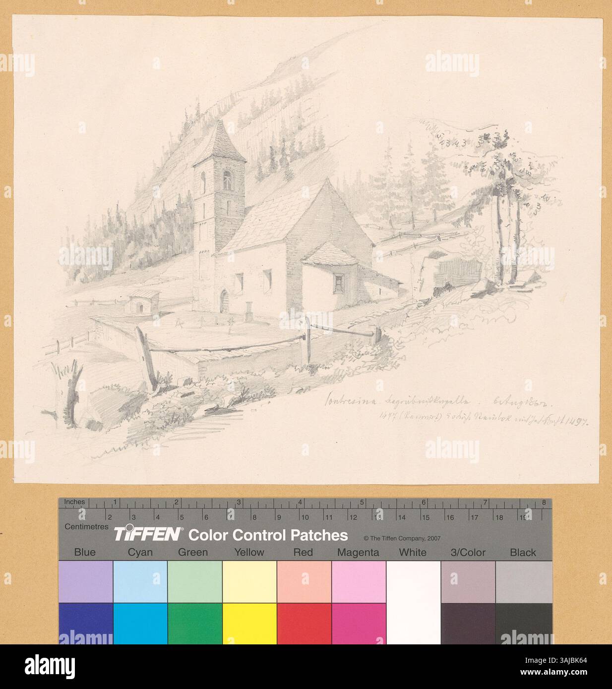 The illustration shows an exterior view of the reformed burial church ...