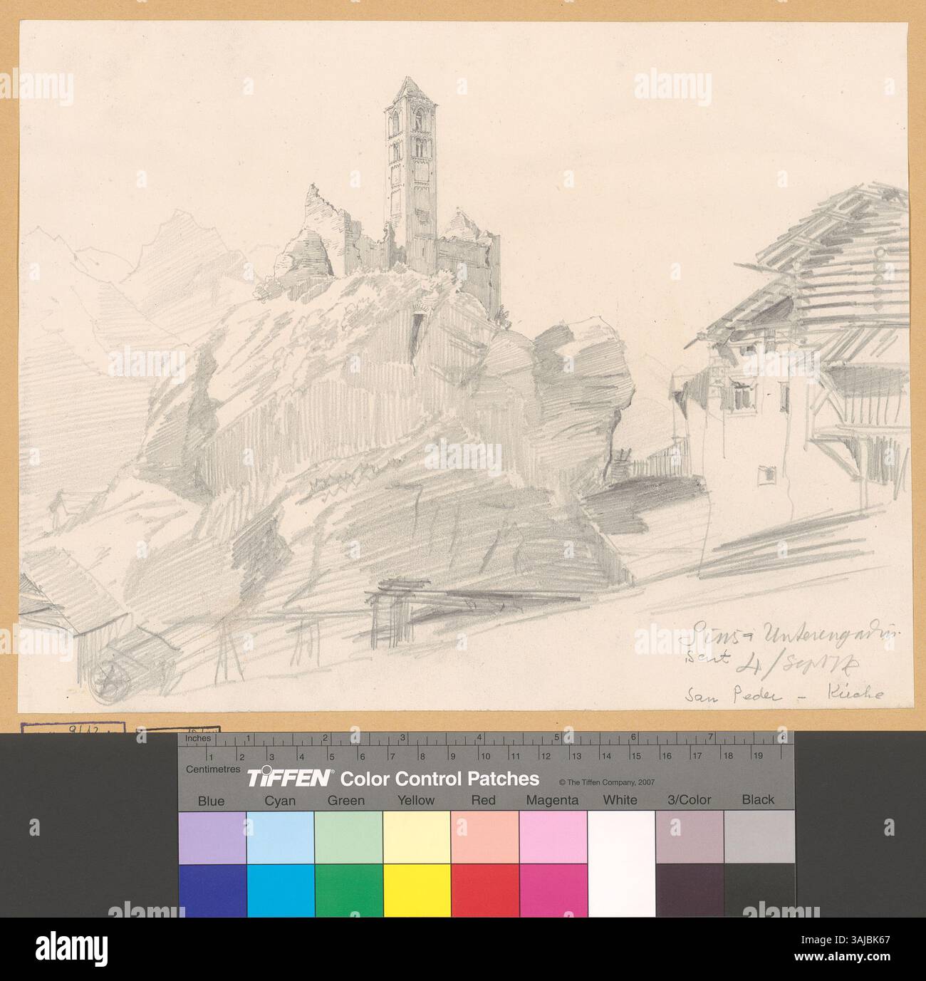 Depicts an exterior view of the St. Peter church ruin in Sent, located ...