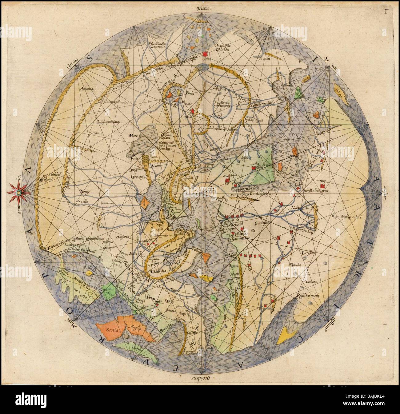 A 1611 reproduction of the mappa mundi (circular world map) by Pietro ...