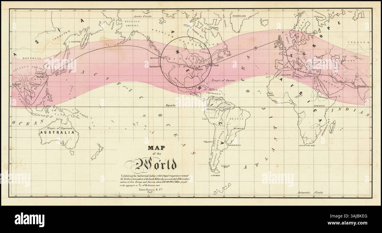 This 1860 world map by Sower Barnes & Co. highlights the temperate zone ...