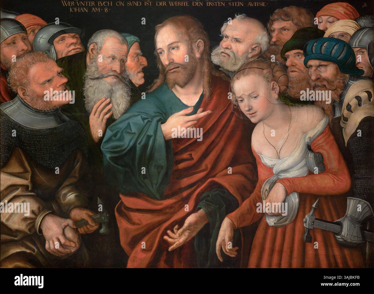 This painting, created by the workshop of Lucas Cranach the Elder, depicts the biblical scene of ...