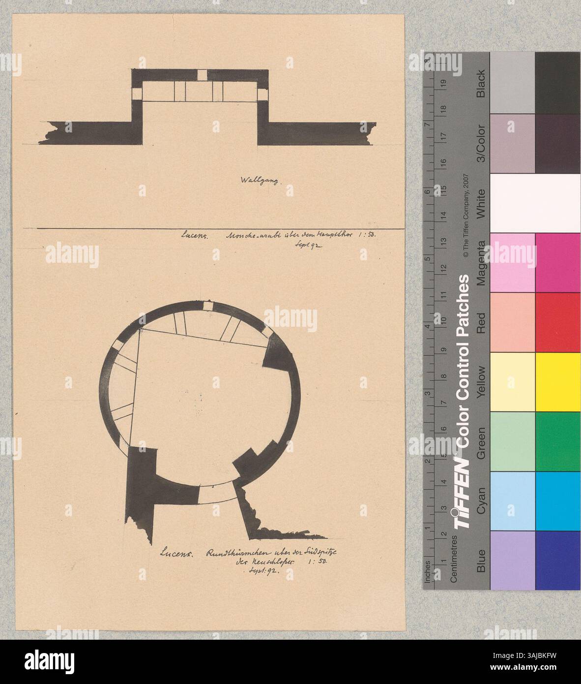 This print shows details of the main gate and round tower at Lucens ...