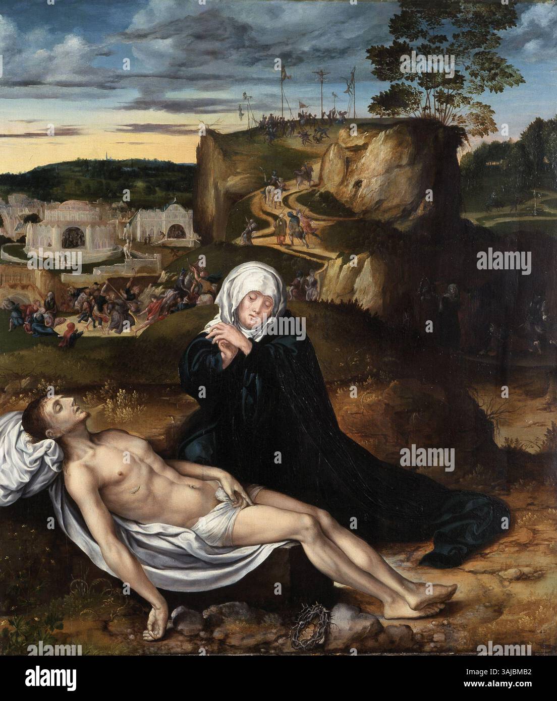 This 16th-century painting, attributed to an anonymous master, depicts the Pietà or the Seven ...