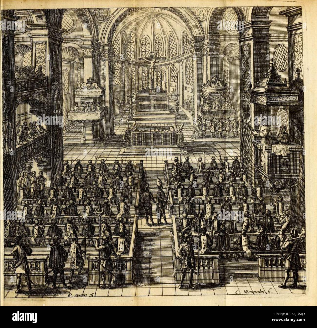 An etching depicting the Inquisition in session within a church ...