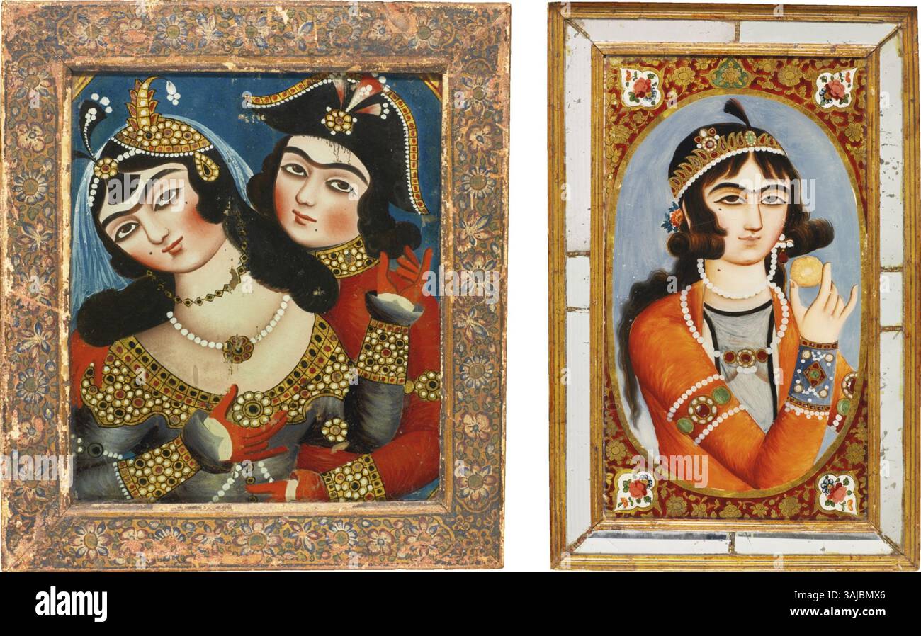 This pair of Qajar-era reverse glass paintings depicts a Persian maiden ...