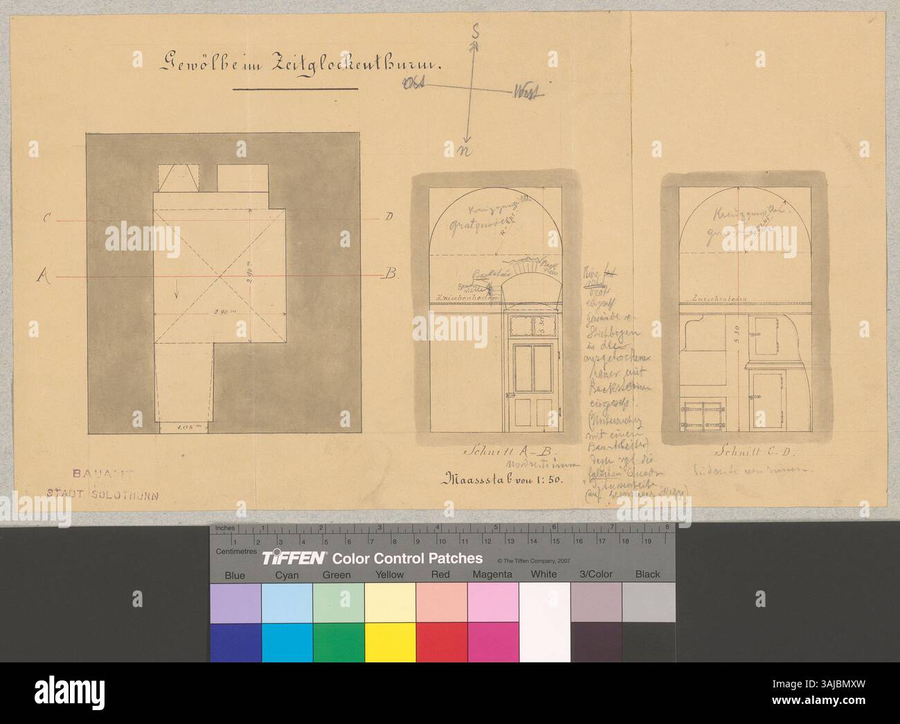 A floor plan and two sections of the vaulting in the Zeitglockenturm ...
