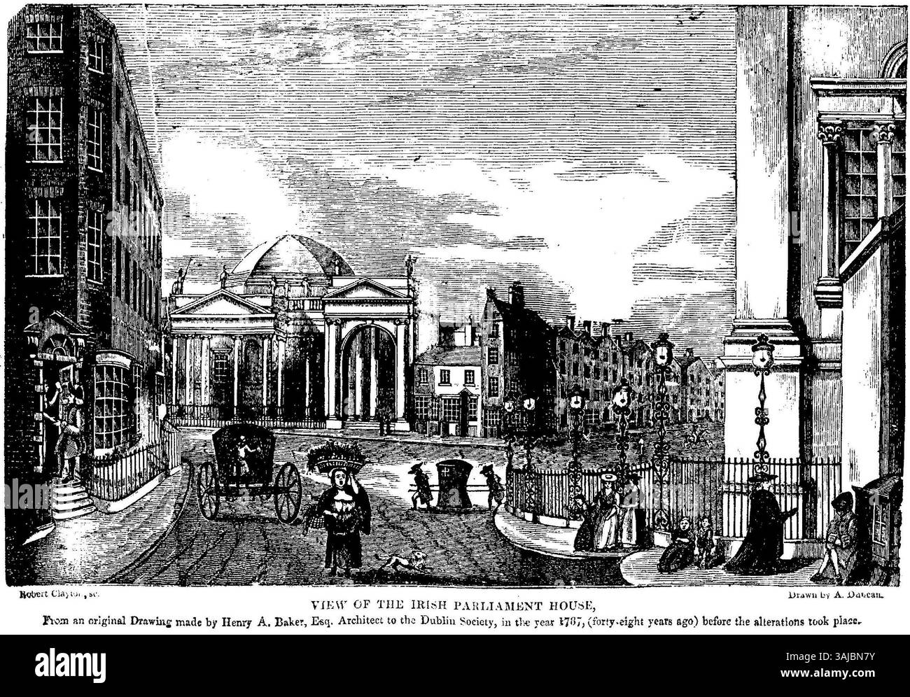 View of the Irish Parliament House, depicted in an 1835 engraving from 'Views in Dublin.' The ...