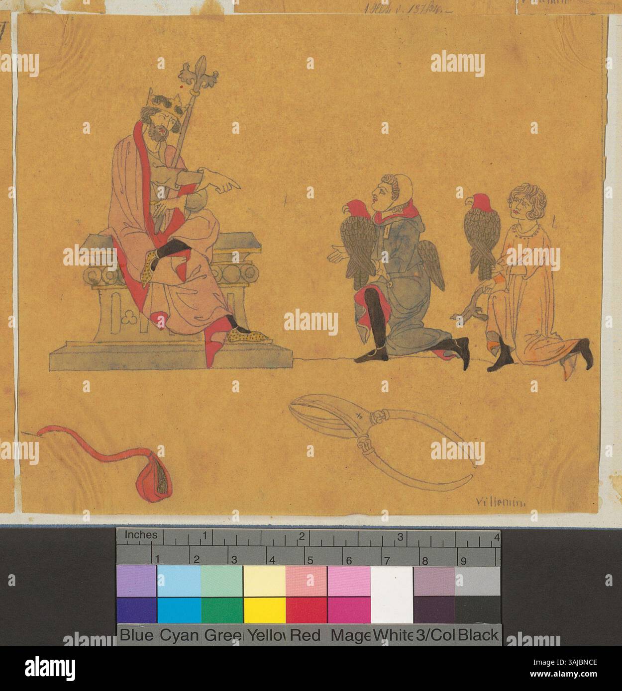 A copy of a 13th-century manuscript illustration depicting a falconer ...