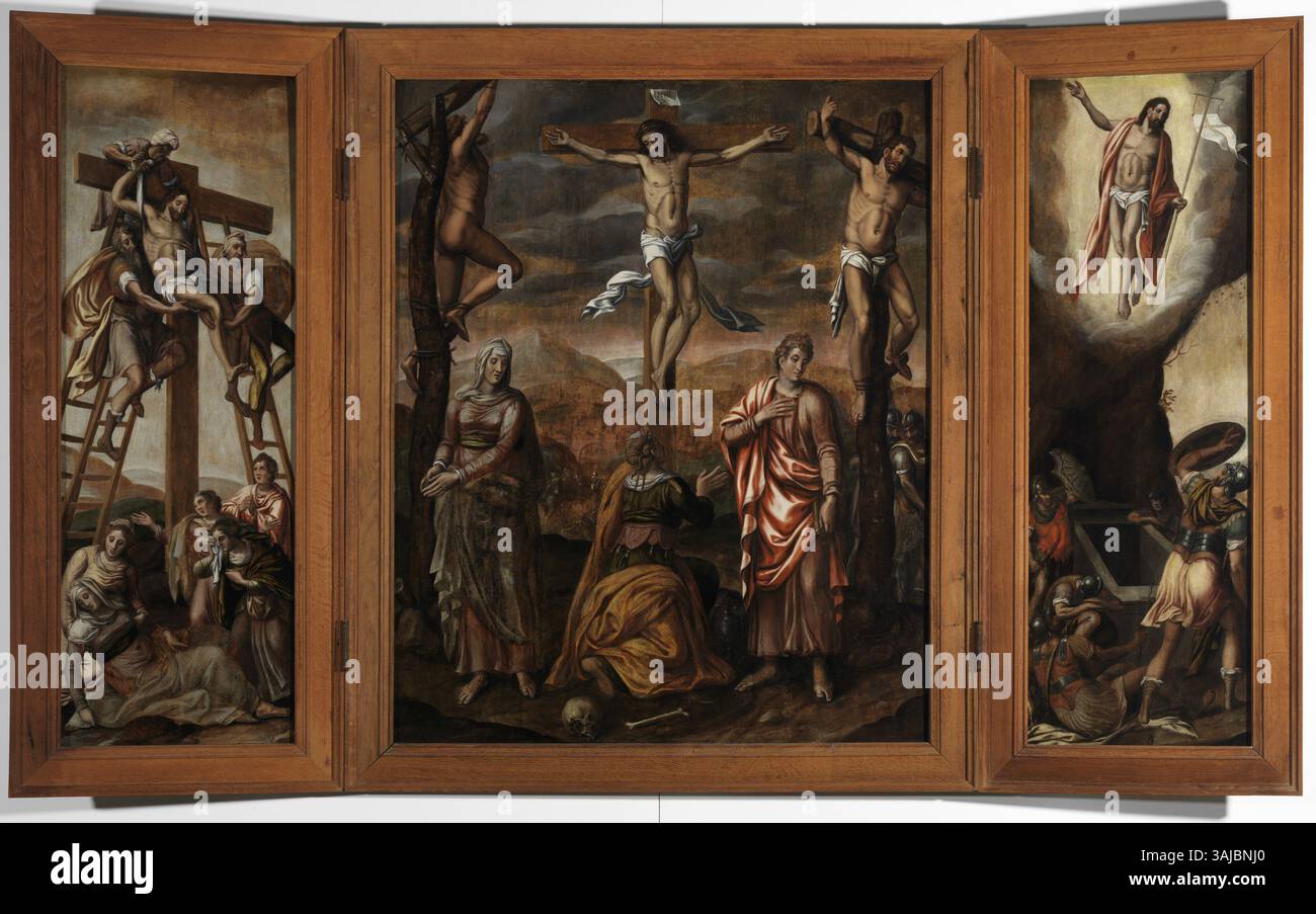 This late 16th-century triptych portrays the Crucifixion, Deposition, and Resurrection of Christ ...