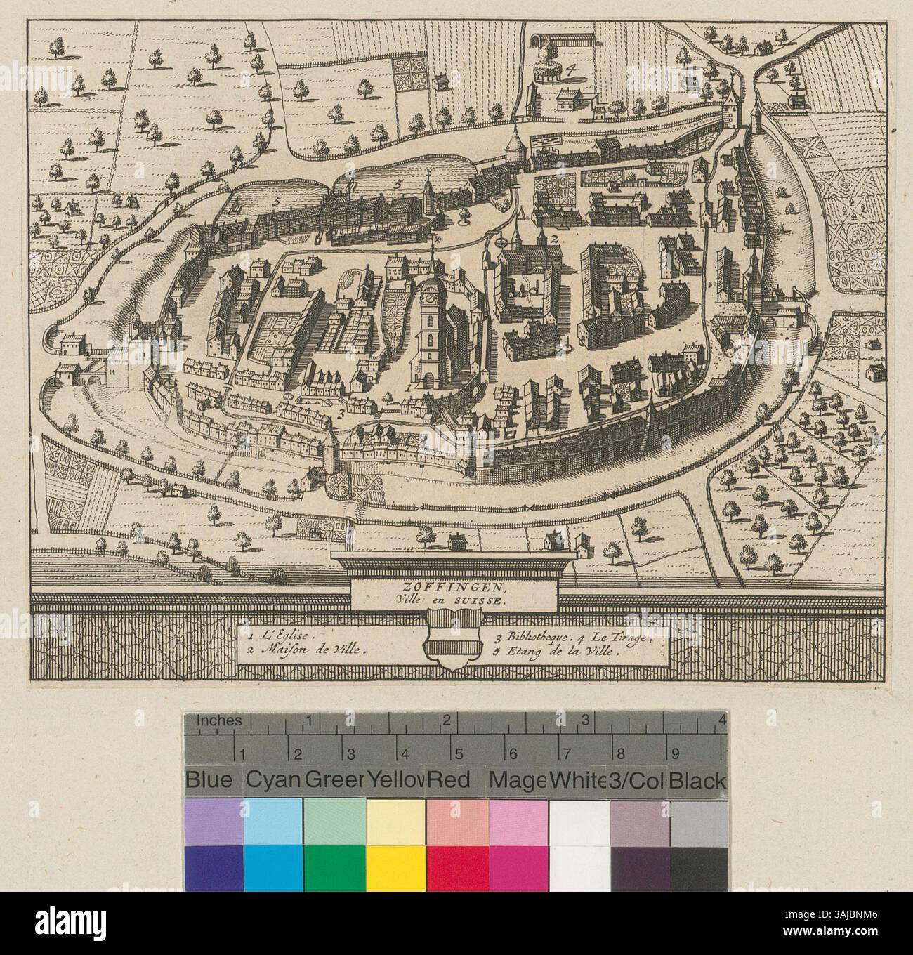This etching, created after 1714, depicts the town of Zoffingen, a ...