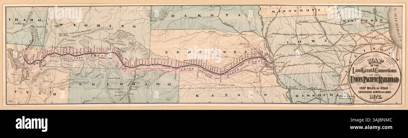 This 1872 map illustrates the land grants and railroad connections of ...