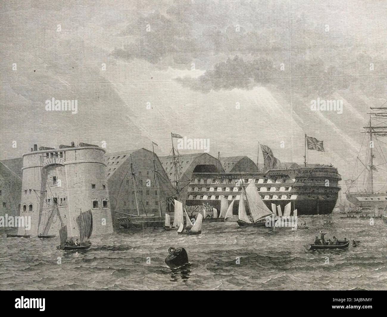 An 1858 illustration of the launch of the Windsor Castle, a 120-gun ...