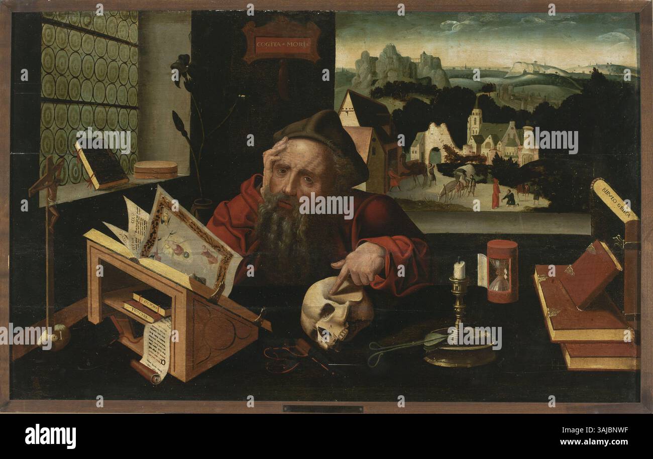 A 1550 oil on oak panel painting depicting Saint Jerome in his study ...