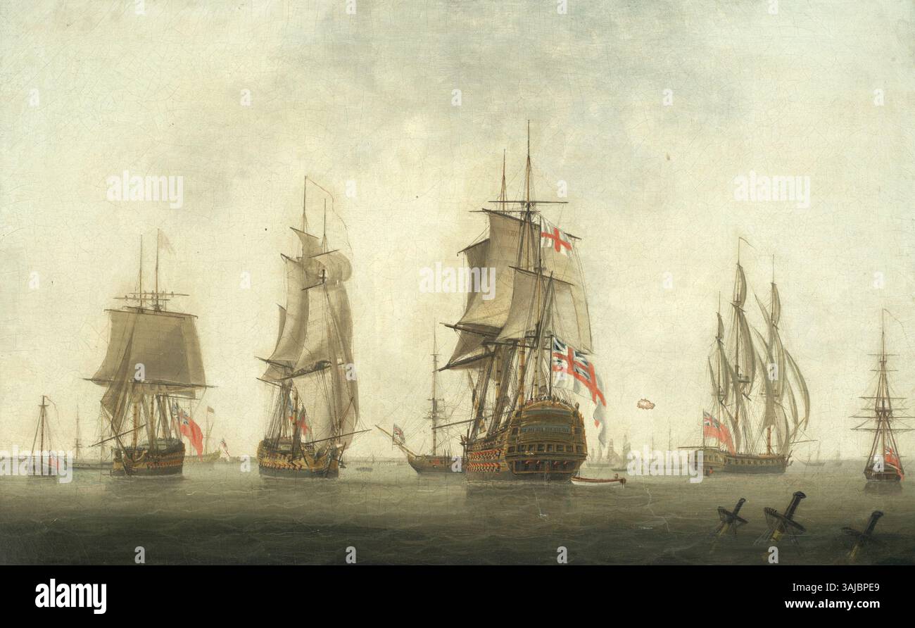 A painting attributed to William Elliott showing British Men O' War at ...