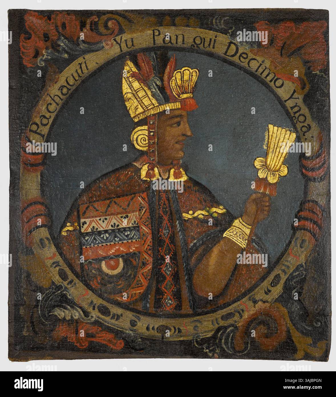Pachacuti, the Tenth Inca, is depicted in this oil on canvas portrait from the 18th century ...