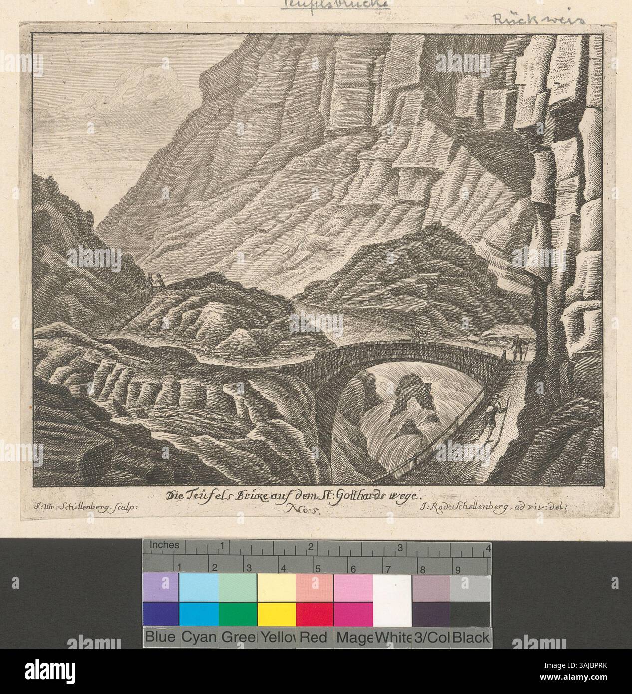 A circa 1770 etching depicting the Devil's Bridge on the Gotthard route ...