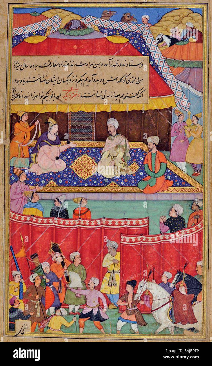 This 1598 miniature from the Baburnama depicts Babur's meeting with ...