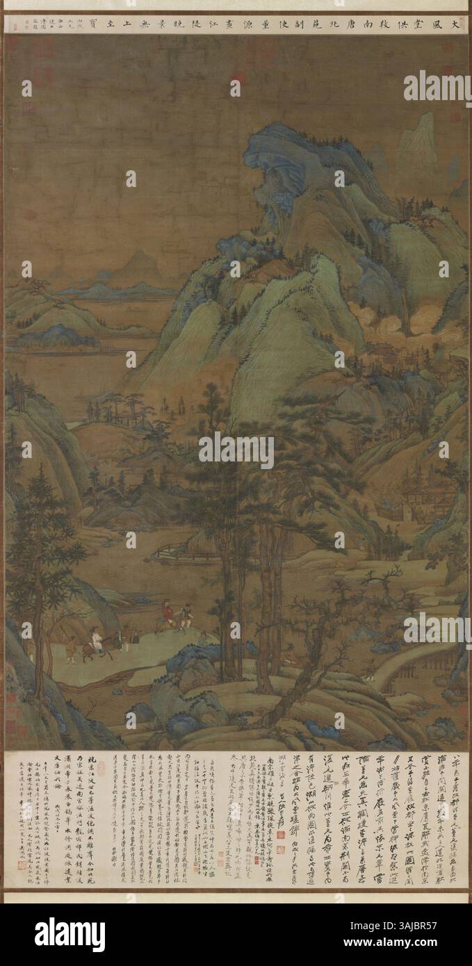 A landscape painting titled 'Late Scenery Along a Riverbank' by Dong Yuan, showcasing serene ...