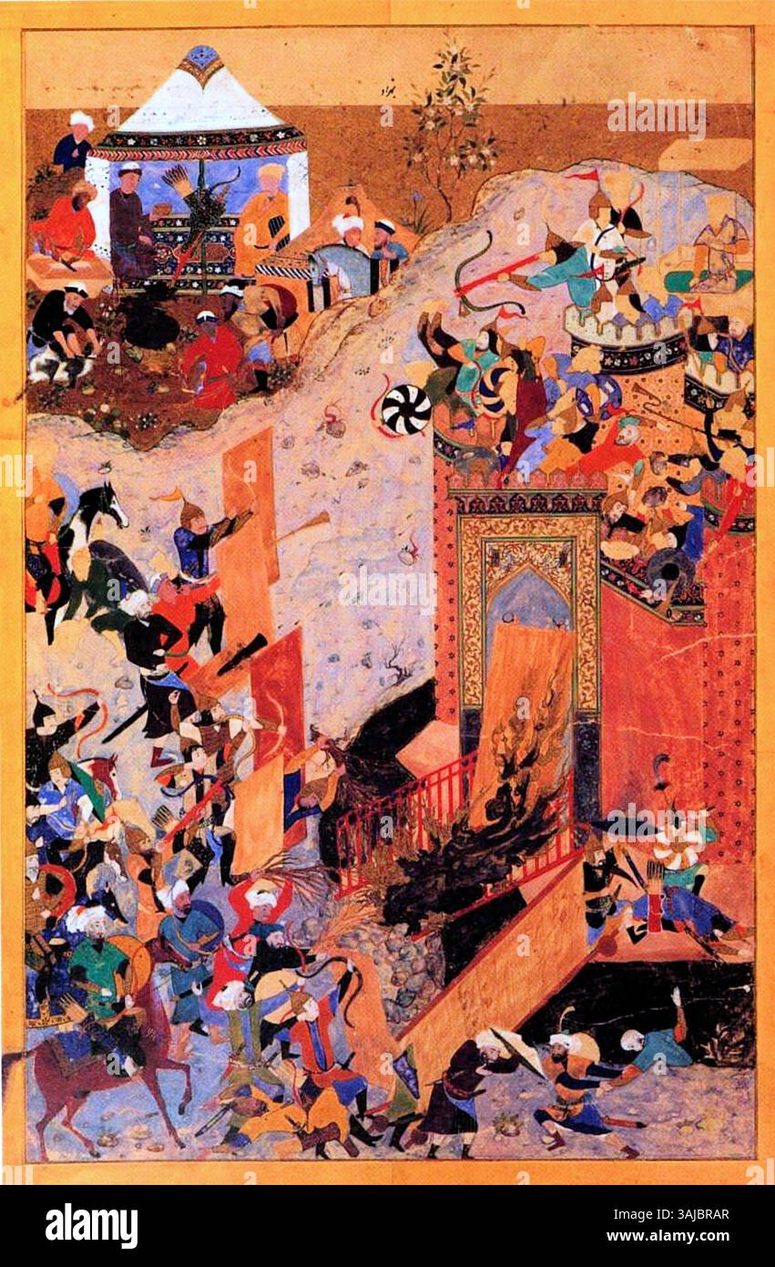 Depiction of a castle assault from a lost manuscript created in Iran ...
