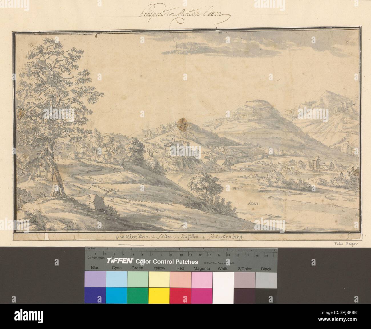 Drawing of a landscape in the Canton of Bern, featuring the villages of ...