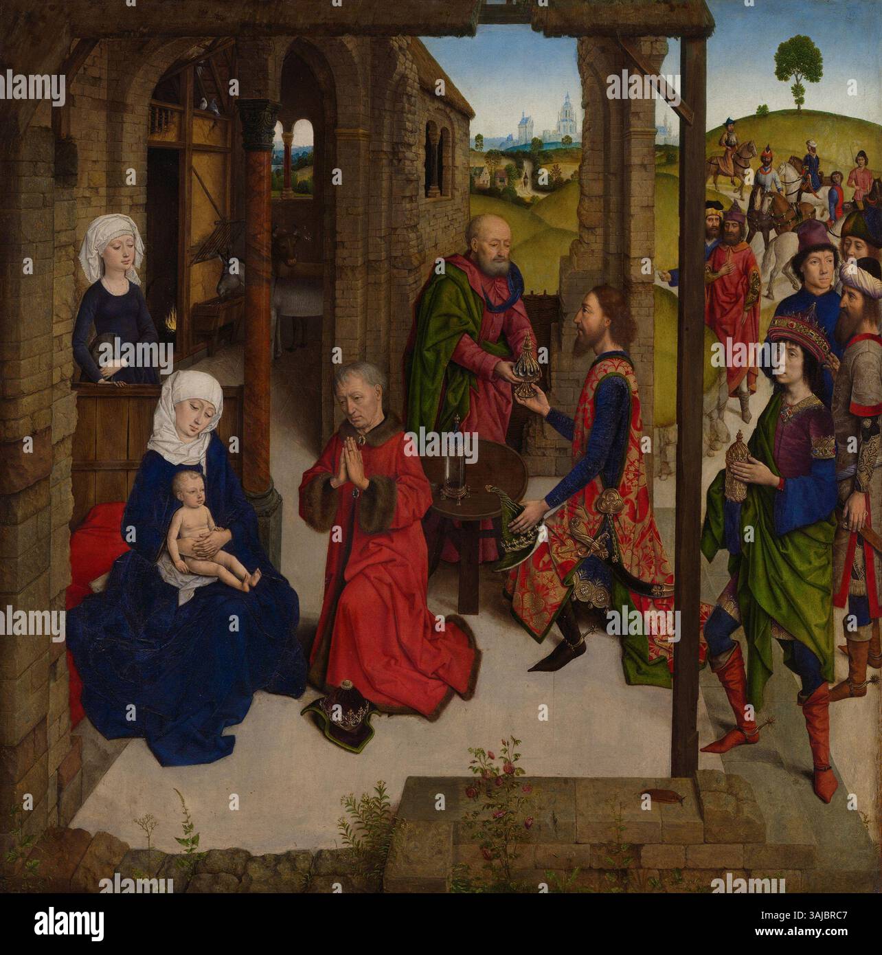 A triptych by Dieric Bouts, circa 1470, depicting the Adoration of the Magi. The central panel ...