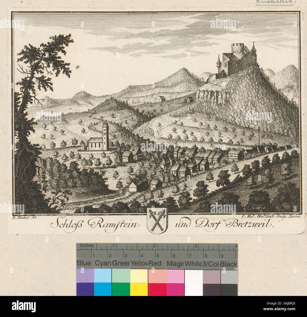 An etching of Schloss Ramstein and the village of Bretzweil, created in ...